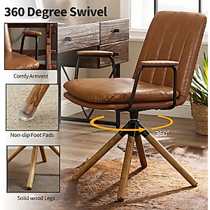 Zouron Swivel Mid Century Modern Office Chair, Ergonomic Desk Chair for Living Room, Computer Chair PU Leather Home Office Chair with Oak Wood Legs, Yellow Brown, No Wheel