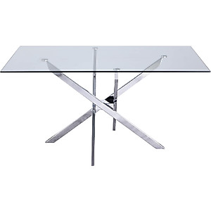 Meridian Furniture Xander Collection Modern | Contemporary Tempered Glass Top Dining Table with Durable Metal Base, 60" W x 36" D x 30" H, Silver Finish