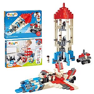 Hape PolyM Space Adventure Rocket Construction Kit | 138 Piece Building Brick Toy Play Set for Kids - Figurines and Accessories Included