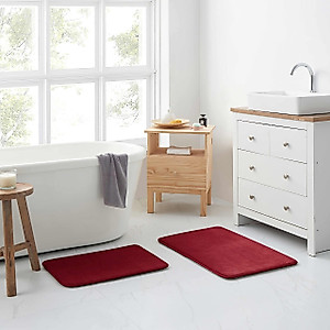 Sweet Home Collection Bathroom Rugs Memory Foam Bath or Shower Mat Slip Resistant Extra Absorbent Soft Fluffy Non Skid Rectangle, 2 Piece Set, Burgundy Red