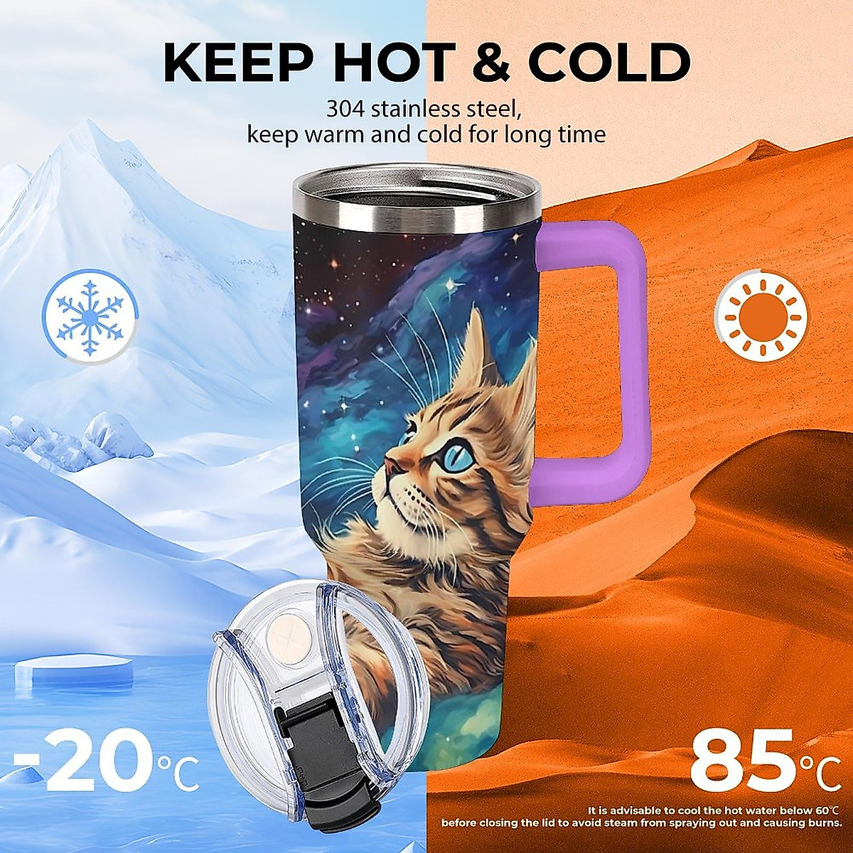 Cute Cat Playing with Butterfly 40 Oz Stainless Steel Cup Travel Tumbler with Handle and Straw Lightweight Coffee Mug for Home Office