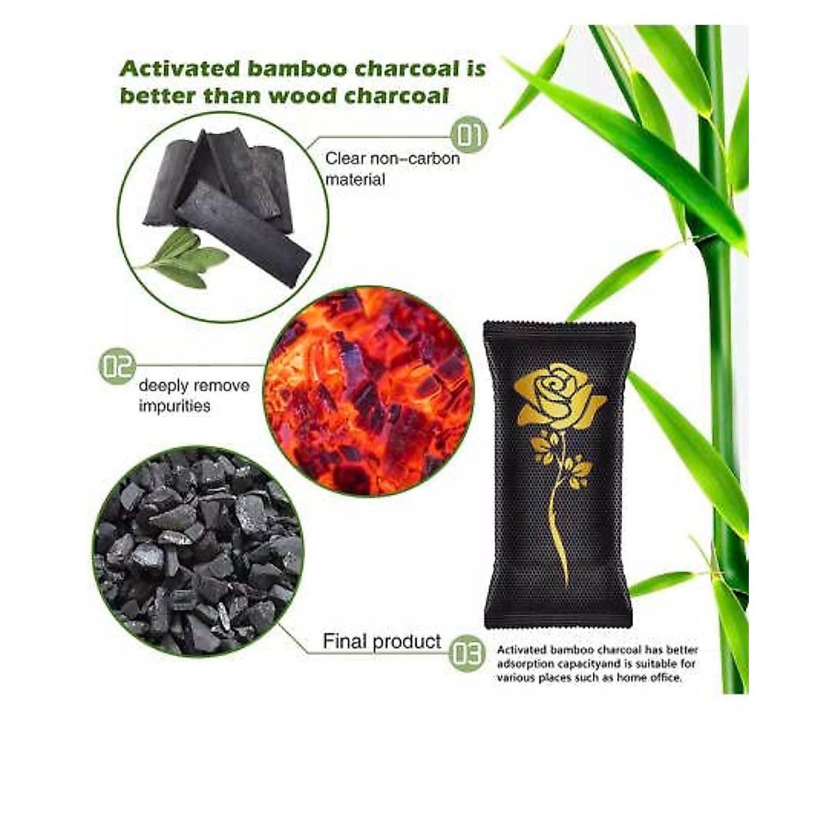 ROSEL- 55g 4pack Black Bamboo Charcoal Air Purifying Bags/ CONVINIENT Sized Purifier/ Dust, Mine and Pollen Absorber/ Eliminates Odor Fragrance Free, No Pump Sprays, Powders, Perfume/Residue, 7x2.7