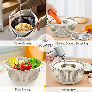 4-1 Colander with Bowl Set - Colander Bowl with Measuring Spoons - Fruit Strainer Bowl, Colanders & Food Strainers Stainless Steel, Rotatable Kitchen Colander Strainer Bowl - Beige