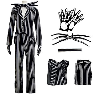 Jack Skeleton Skellington Costume With Bowtie Skeleton Nightmare Suit Before Christmas Halloween Cosplay for Adult Men Women (man, XS)
