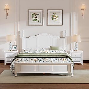 Harper & Bright Designs 3 Pieces Queen Bedroom Sets, Wooden Queen Size Platform Bed with 2 Nightstands, Retro Design Queen Bedroom Furniture Sets, Easy to Assemble (White)