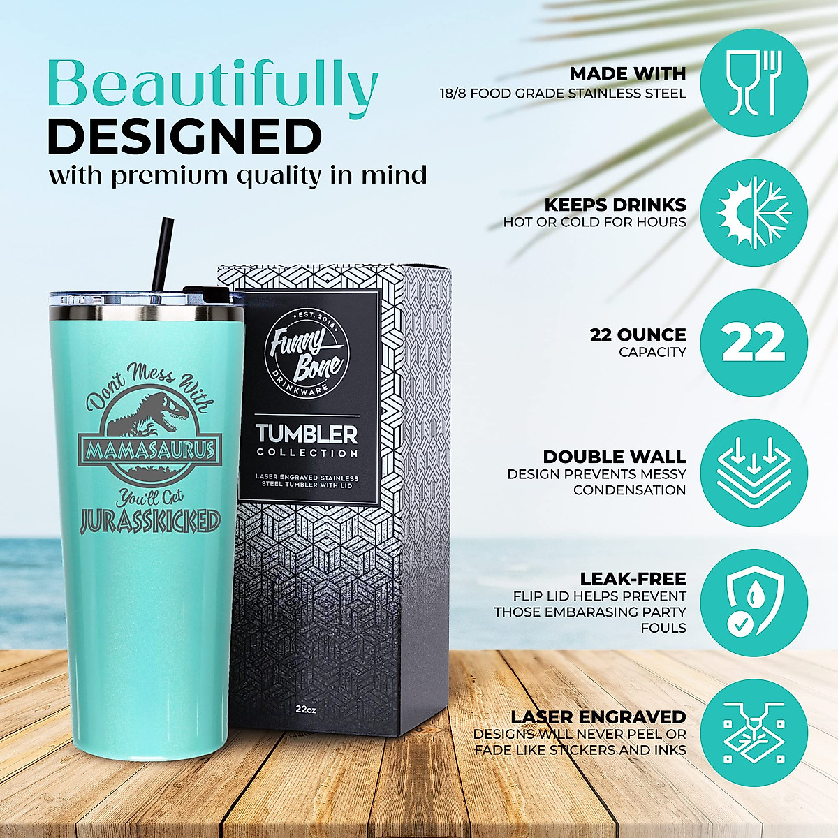 Mom Birthday Gifts - Gifts for Mom From Daughter, Son, Kids - Unique Engraved Mamasaurus Tumbler Coffee Mug - Gift Ideas for Mother's Day, BDay, or Christmas Gifts for Moms - 22oz Travel Cup