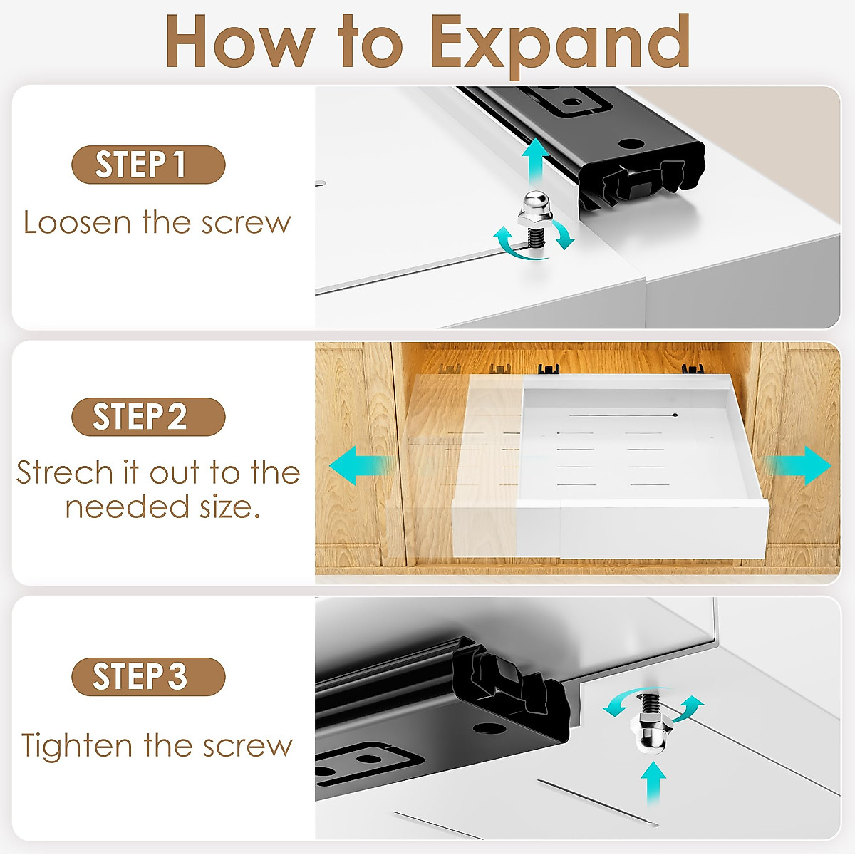 HBL' 1 Pack | 16.9" Deep Pull Out Cabinet Drawer Organizer Adhesive, (12" to 20") Width Expandable Carbon Steel Roll-Out Drawers for Face Frame or Frameless Cabinets,Slide-Out Shelves for Pantry.