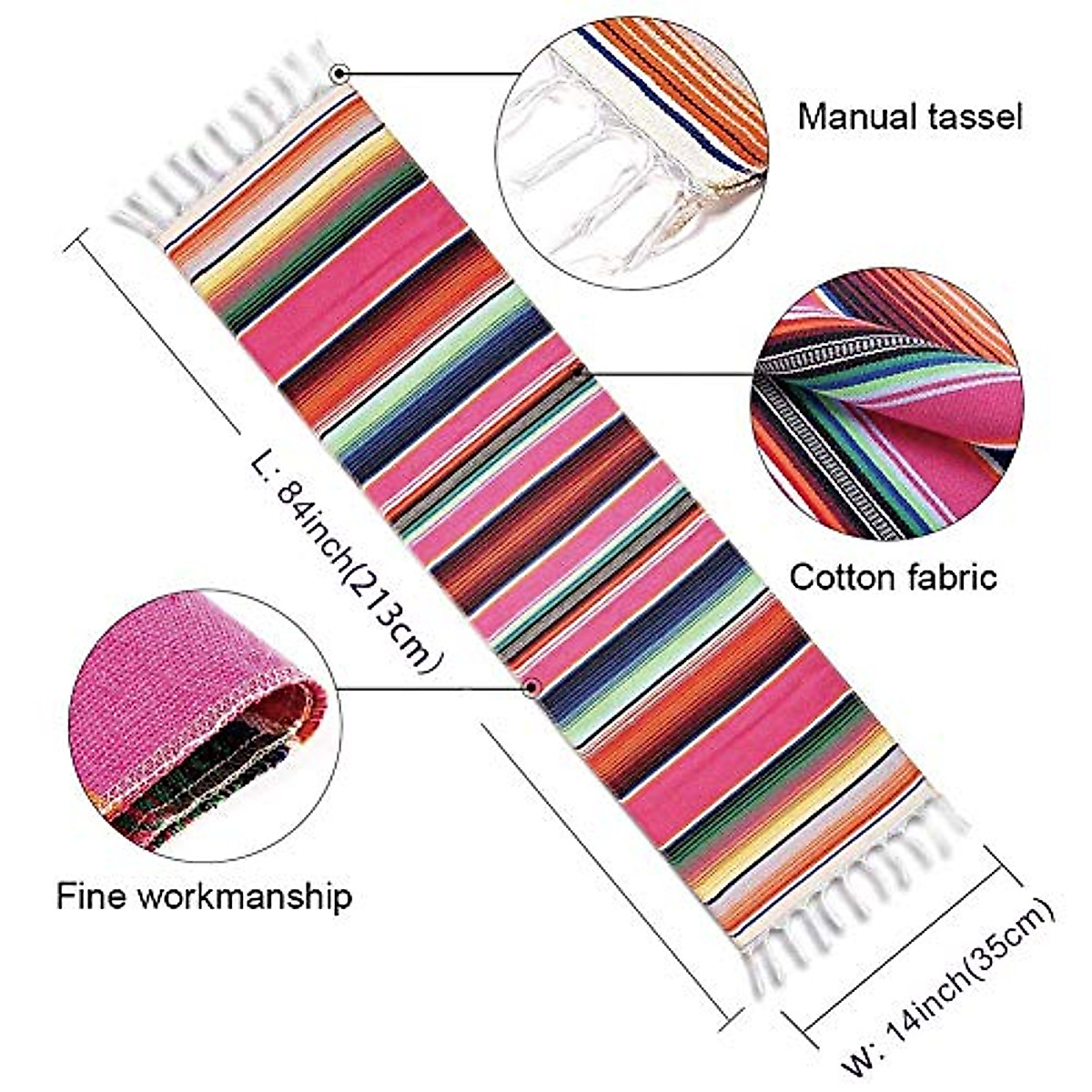 Fowecelt Mexican Serape Table Runner 14 x 84 Inch for Mexican Party Wedding Decorations Outdoor Picnics Dining Table, Fringe Cotton Table Runners