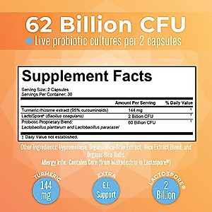 MaryRuth Organics Probiotic Turmeric + Extra GI Support | 62 Billion CFU | Organic Ingredients Turmeric Complex with Probiotics | Turmeric Curcumin Capsules for Digestion | Vegan | 60 Count
