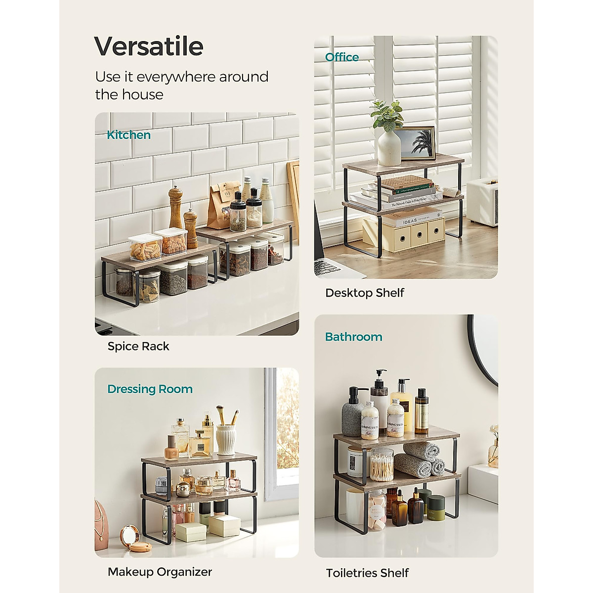 SONGMICS Cabinet Organizer Shelf, Set of 4 Kitchen Counter Shelves, Kitchen Storage, Spice Rack, Stackable, Expandable, Metal and Engineered Wood, Ink Black and Heather Greige UKCS022X02