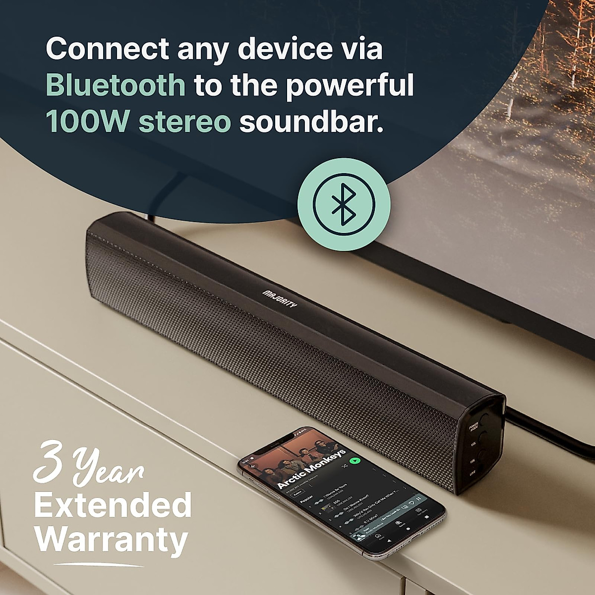 Majority Bluetooth Soundbar with Subwoofer | 100 Watts Sound bar for TV | 2.1 Stereo TV Sound Bar with Optical, RCA, USB, and AUX Playback | TV Speaker Bowfell Plus Sound Bar with Subwoofer