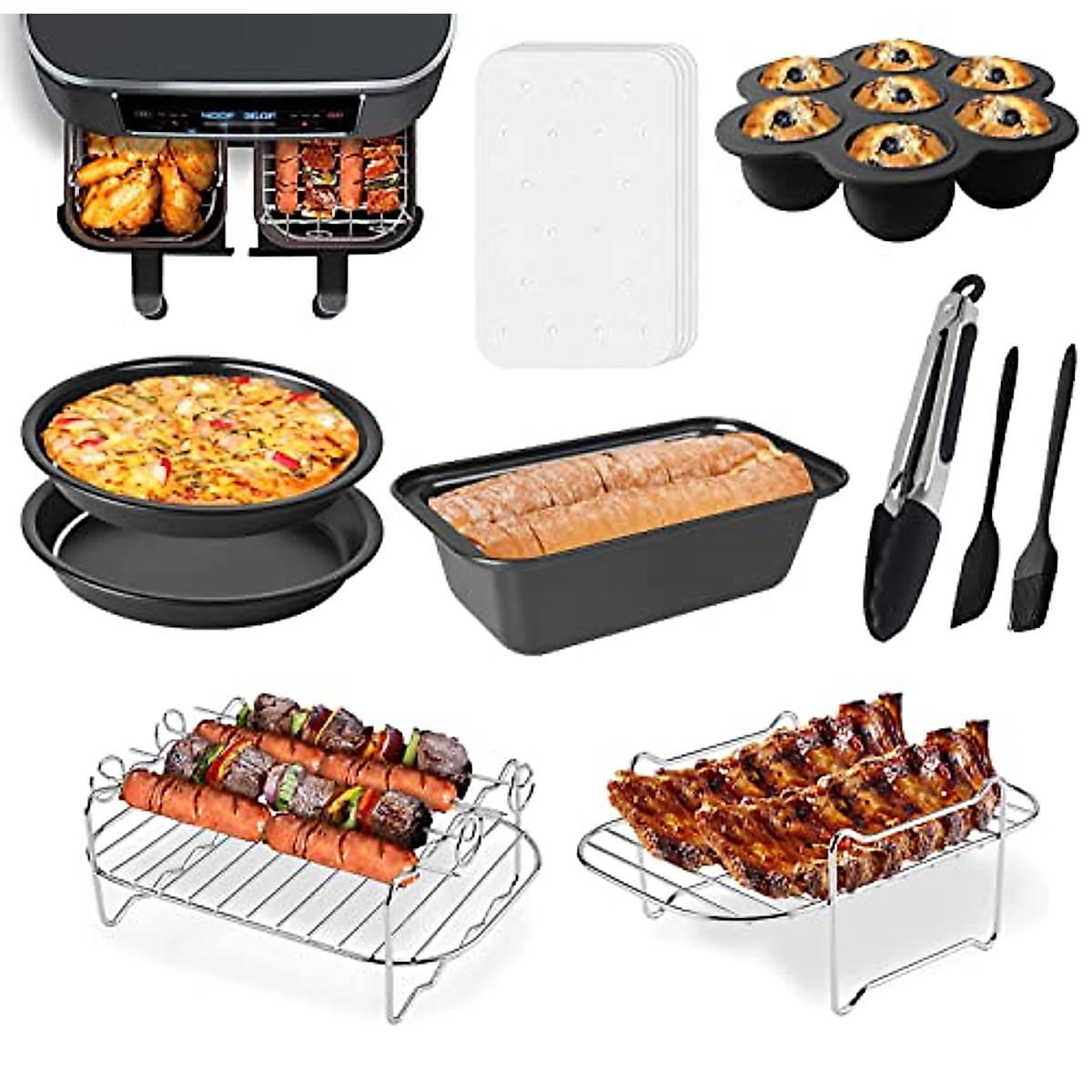 Dual Basket Air Fryer Accessories, Set of 10 Fit for Ninja Dual Air Fryer DZ201, DZ401 & Most 8 Quart - 10 Quart and Larger Dual Zone Air Fryer, Include Cake Pizza Pan, Rack & Skewer, Paper Liner, etc