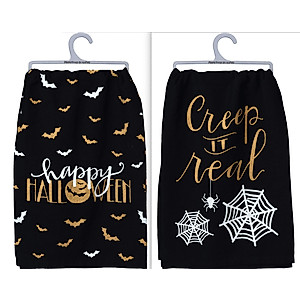 Primitives by Kathy Halloween Themed Kitchen Dish Towel Bundle Set of 2 in a Black Organza Bag - Happy Halloween - Creep It Real