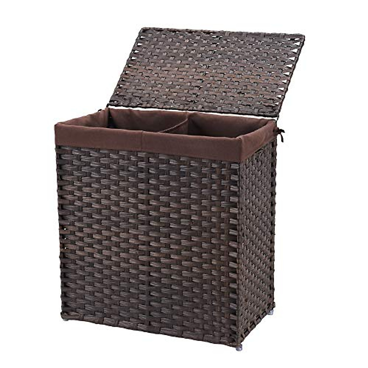 Divided Double Laundry Hamper with Lid, Synthetic Rattan Handwoven Clothes Hamper with Lid and Handles, Foldable, Removable Liner Bag, Brown