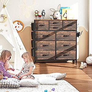 Himusi Dresser for Bedroom with 10 Drawers, Fabric Storage Tower with Side Pockets, Tall Chest of Drawers for Nursery, Hallway, Closets (Rustic Brown)
