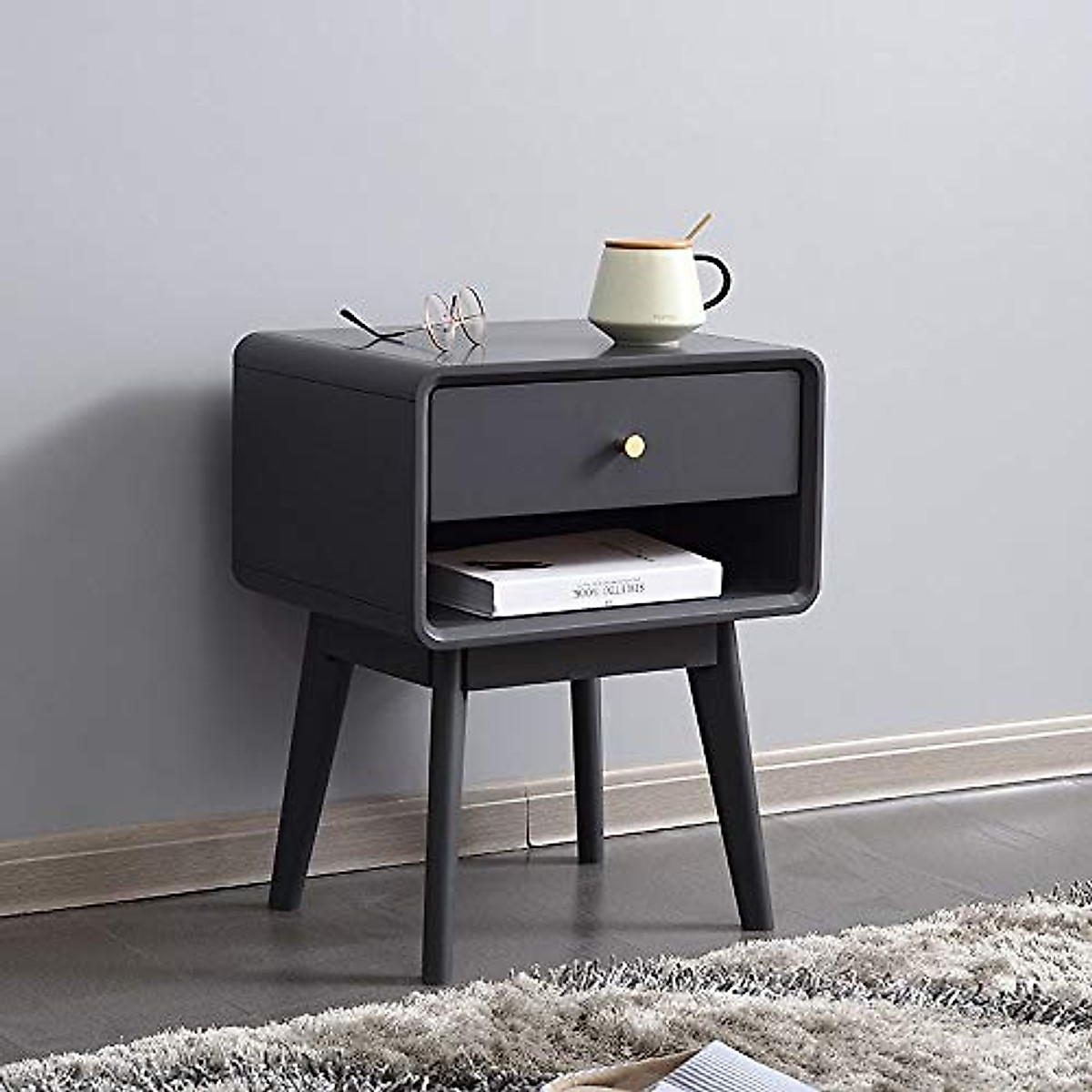 SJYDQ Nordic All Solid Wood Bedroom Bedside Table Home Log Bed Simple Storage Cabinet Walnut Color