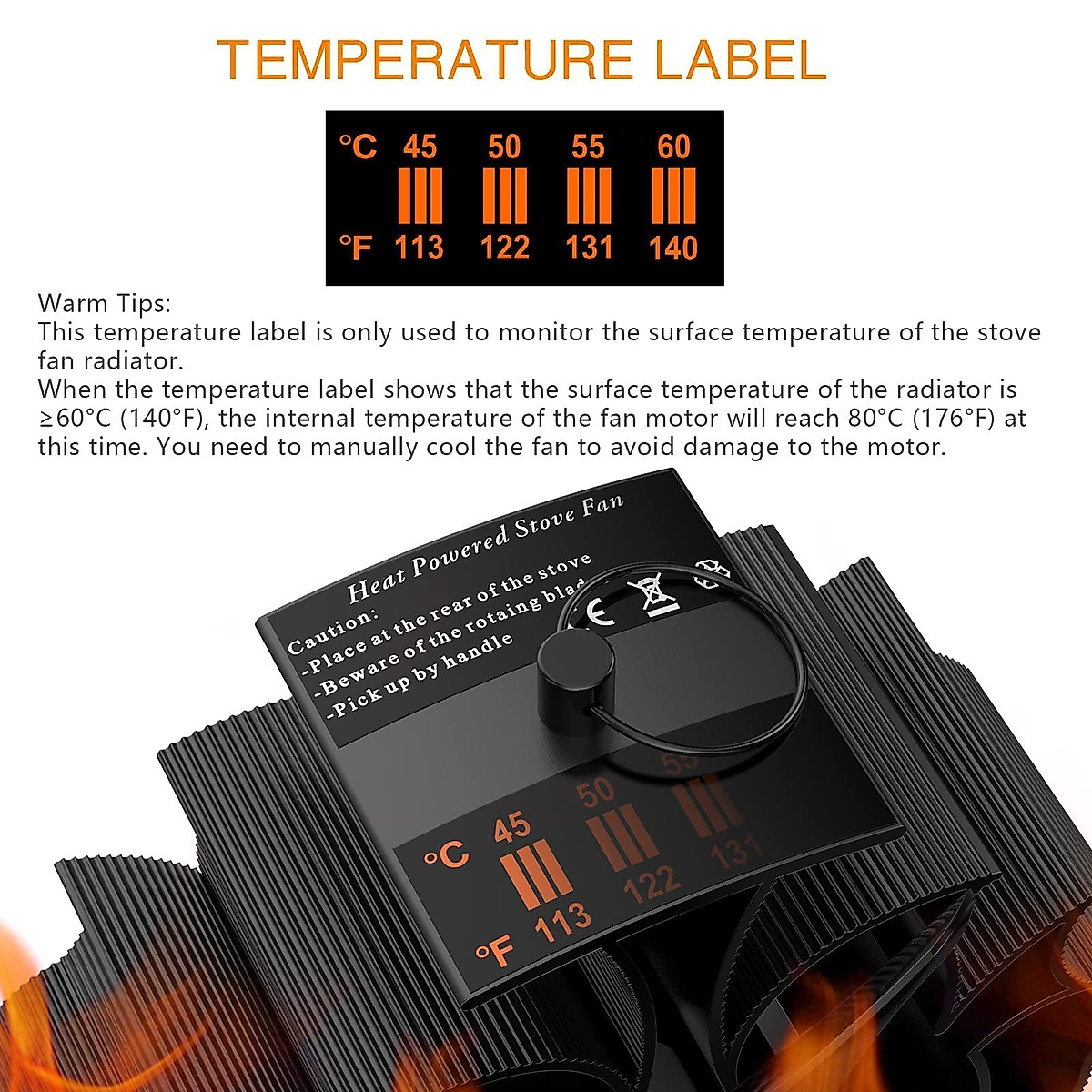 Sterktlys Wood Stove Fan, 4-Blade Heat Powered Stove Top Fan with Temperature Label, Magnetic Stove Thermometer, Efficient Heat Distribution & Silent Operation, for Fireplace, Log Burner, Pellet Stove