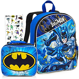 Batman Backpack and Lunch Box Set for Boys Kids ~ 3 Pc Bundle With Deluxe 16" Batman Backpack, Detachable Insulated Lunch Bag, And Stickers (Batman School Supplies Bundle)