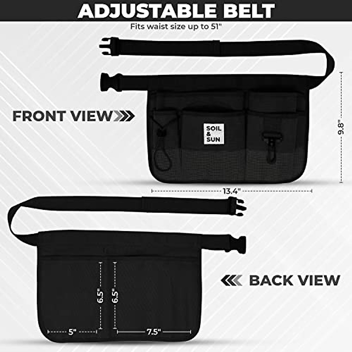 Soil and Sun Black Utility Belt Pouch - Size Adjustable Garden Apron for Women with Pockets - Durable Canvas Garden Tool Belt for Women - Multi-Pocket Waist Caddy Gardening Belt