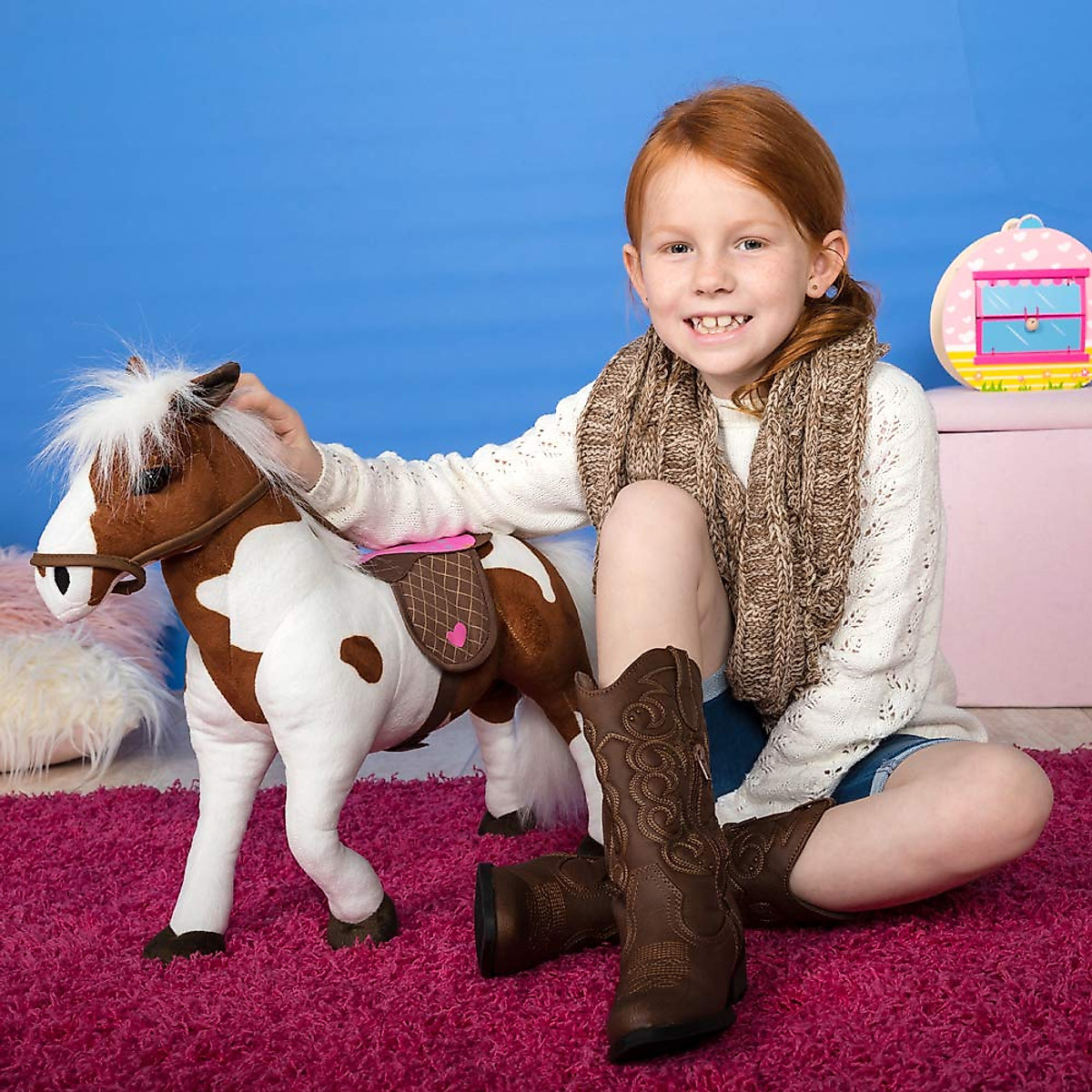 ADORA Amazon Exclusive Amazing World Collections, Toy Plush Horse with 1 Sound Effect, Saddle, Harness & Wooden Stable Play Set – 15 Piece Set for 18 inch Dolls