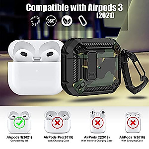 Smasener Compatible with AirPods 3 Case, Secure Lock Clip Full Body Shockproof Rugged Shell Protective Case Cover with Keychain for airpods 3rd generation case for men Women (Black + Camouflage Green)