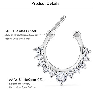 Lcolyoli 6PCS 16G Surgical Steel Hinged Seamless Septum Hoop Nose Ring with Clear Diamond CZ Horseshoe Barbell Cartilage Daith Conch Tragus Clicker Piercing Jewelry for Women Men Silver-tone