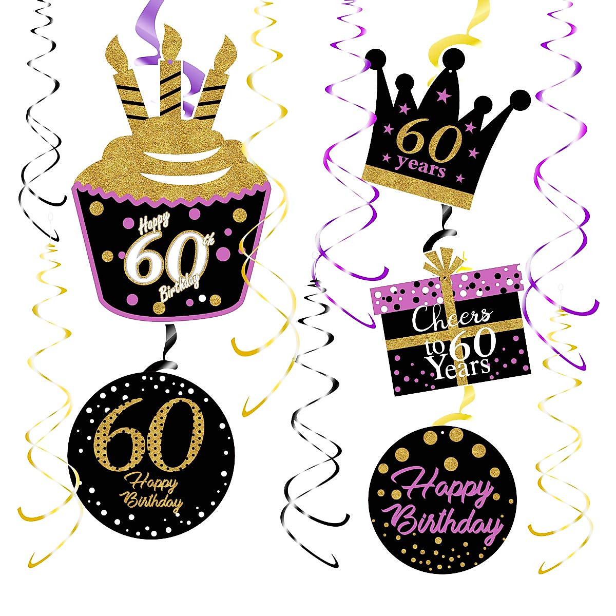 60th Birthday Decorations for Women Purple Gold 60th Birthday Hanging Swirls Hanging Swirls Decorations for Purple Gold 60 Years Old Party Supplies