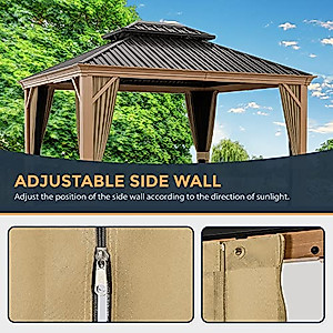 HAPPATIO 10' x 12' Hardtop Gazebo, Outdoor Wood Grain Frame Aluminum Gazebo, Double Roof Permanent Patio Gazebo Canopy with Netting and Curtains for Garden, Patio, Lawns, Parties (Beige)