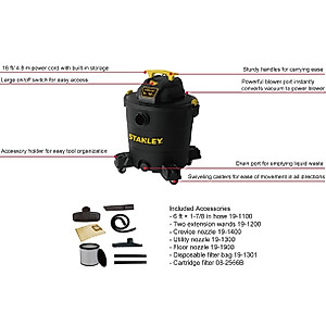 Stanley 12 Gallon 5.5 Peak HP Wet/Dry Vacuum, 3 in 1 Shop Vacuum Blower,1-7/8"x6 Hose, Range for Garage, Carpet Clean, Workshop with Vacuum Attachments-SL18199P,Black