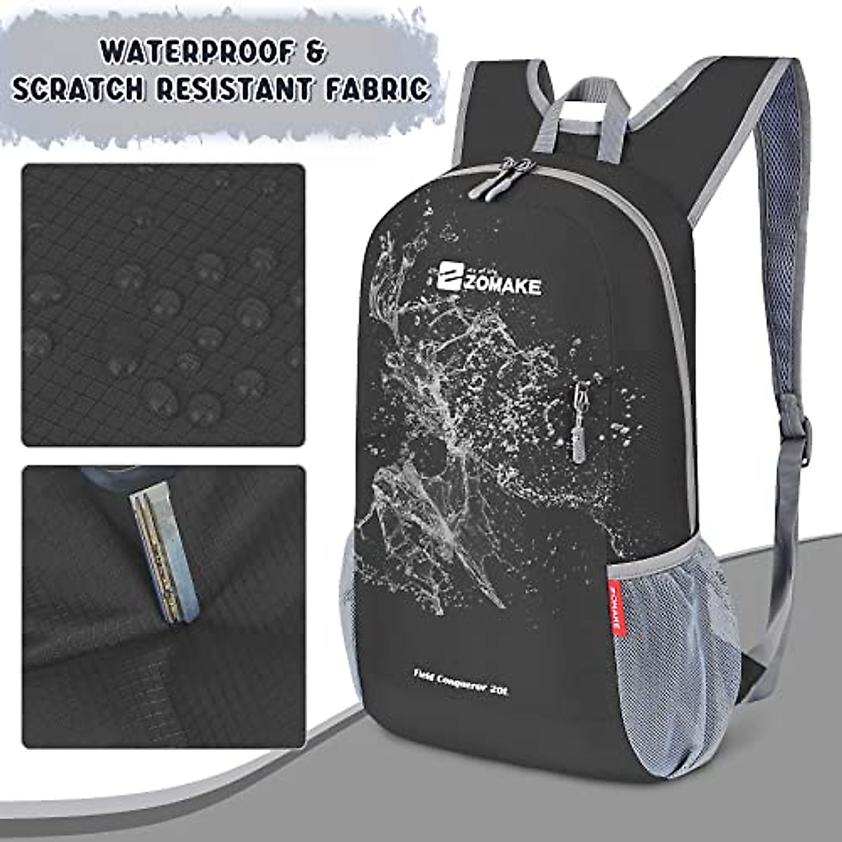 ZOMAKE 20L Small Packable Hiking Backpack for Women Men - Lightweight Travel Hiking Daypack - Water Resistant Foldable Day Pack for Camping Outdoor Sports (Black)