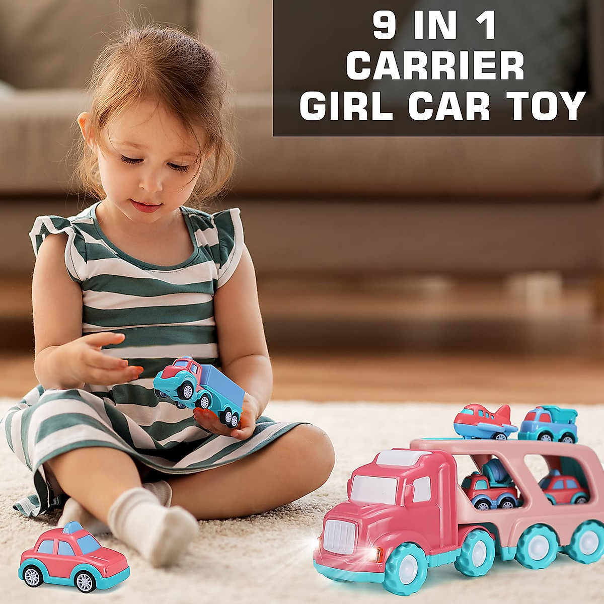 Bakatatoyz Pink Car Carrier Truck Set(9 in 1) with Lights and Sounds, Friction Powered Double Deck Container Transport Truck with 8 Mini Cartoon Pull Back Vehicles, Girls Toy for Toddler Birthday Gift