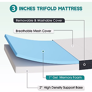 Folding Mattress, Twin Size Foldable Mattress Topper with Washable Cover, Portable Memory Foam Trifold Mattress for Camping, Guest, Yoga, Travel, Certipur-US Certified, 3 Inch, Narrow Twin
