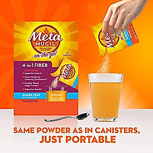 Metamucil On-The-Go, Daily Psyllium Husk Powder Supplement, Sugar-Free Powder, 4-in-1 Fiber for Digestive Health, Orange Flavored Drink, 44 Packets