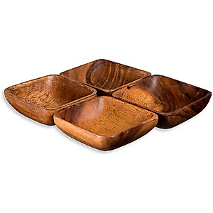 Glaver's Natural Acacia Wooden Bowls Hand-Carved Calabash Dip Tray Bowl S/4 Ideal for Appetizers, Dips, Sauce, Nuts, Candy, Olives, Seeds, Desserts and More. (Square)