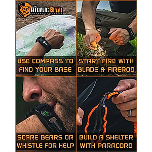 Atomic Bear Paracord Bracelet (2 Pack) - Adjustable - Fire Starter - Loud Whistle - Perfect for Hiking, Camping, Fishing and Hunting - Black & Black+Orange