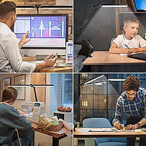 JOSTIC Double Head LED Desk Lamp with Clamp, Desk Lamps for Home Office, 5 Color Modes, 10 Brightness, Architect Task Lamp, Modern Swing Arm Workbench Office Lighting, Dimmable Brightest Light, Black