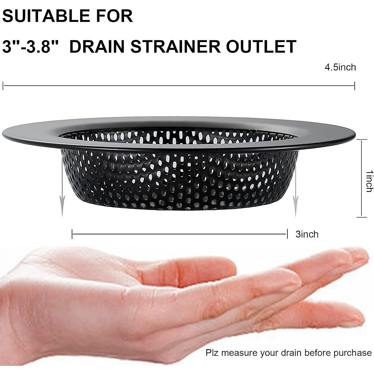 LASSHSWA 2 PCS Matte Black Kitchen Sink Strainer Stainless Steel, Kitchen Sink Drain Strainer, Sink Strainers with Large Wide Rim 4.5" Diameter for Kitchen Sinks (NO Bump - Avoid Paint Peeling)