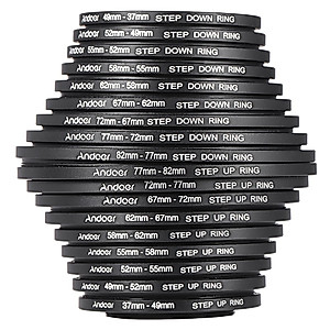 Filter Ring Adapter, Andoer 18pcs Camera Lens Filter Metal Adapter Ring Kit (9pcs Step Up Set & 9pcs Step Down Ring Set)