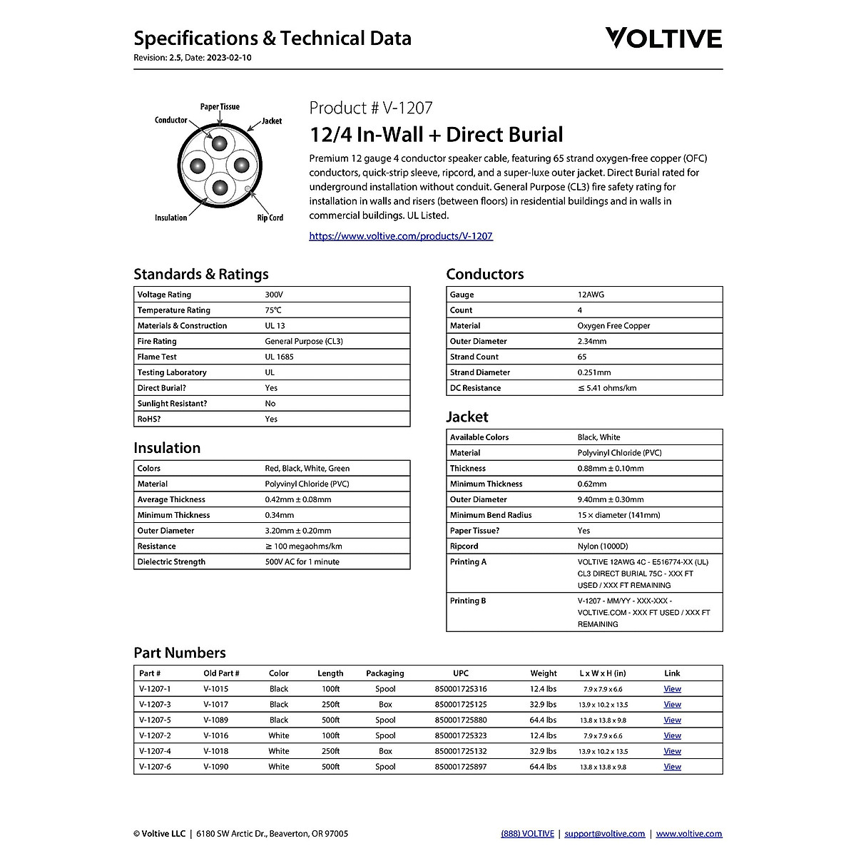 Voltive 12/4 Speaker Wire - 12 AWG/Gauge 4 Conductor - UL Listed in Wall (CL2/CL3) and Outdoor/In Ground (Direct Burial) Rated - Oxygen-Free Copper (OFC) - 250 Foot Bulk Cable Pull Box - White