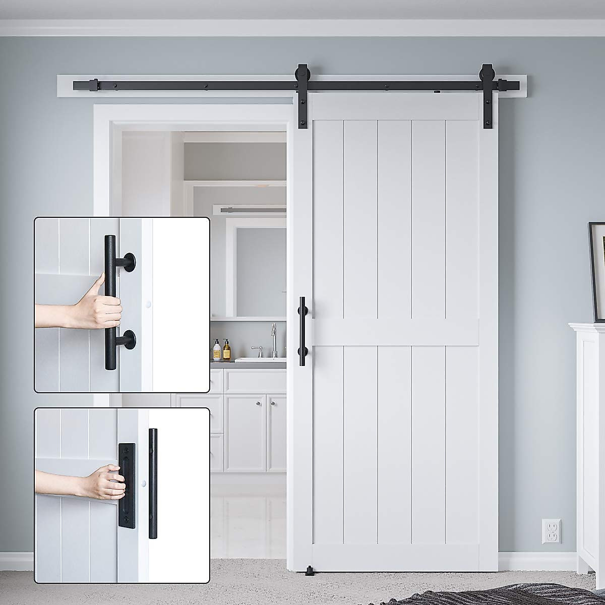 COSHOMER 36in x 84in MDF Sliding Barn Door with 6.6ft Barn Door Hardware Kit & Handle, Pre-Drilled Holes Easy Assembly -Solid Barn Door Slab Covered with Water-Proof PVC Surface, White, H-Frame