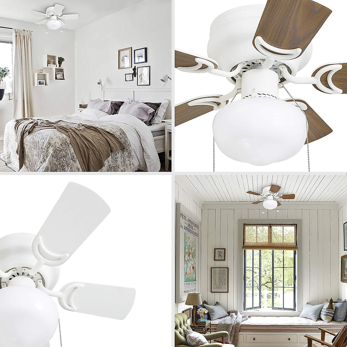 Prominence Home Hero, 28 Inch Traditional Flush Mount Indoor LED Ceiling Fan with Light, Pull Chain, Dual Finish Blades, Reversible Motor - 41530-01 (White)