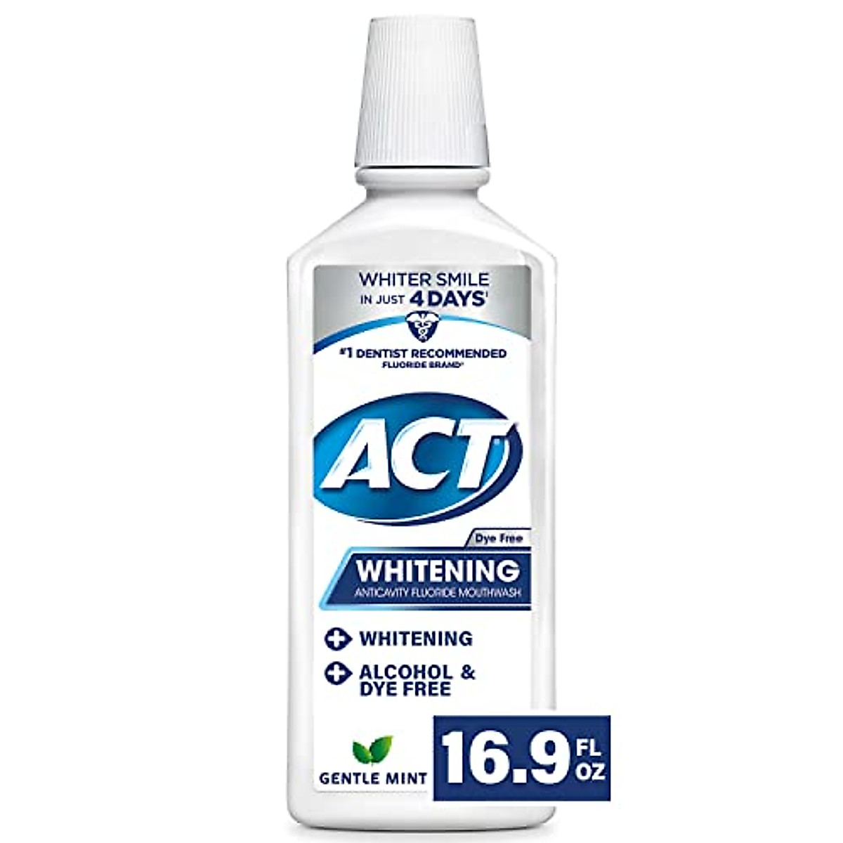 ACT Whitening + Anticavity Fluoride Mouthwash 16.9 fl. oz. With Zero Alcohol, Dye Free, Gentle Mint