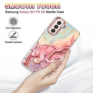 Btscase for Samsung S21 FE 5G 2022 Case, Marble Pattern 3 in 1 Heavy Duty Shockproof Full Body Rugged Hard PC+Soft Silicone Drop Protective Women Girl Cover for Samsung Galaxy S21 FE 5G, Rose Gold