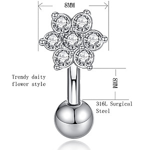 FLYUN CZ Flower Belly Button Ring, 316l Surgical Steel Belly Ring, Reverse Navel Ring, Dainty Small Belly Rings, Belly Piercing Belly Jewelry (8MM, 3PCS-Silver-Clear&Pink&Purple)