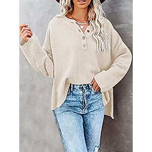 Pink Queen Women's Button Oversized Sweater Batwing Long Sleeve V Neck Henley Top Fall Pullover Knit Jumper Beige XL