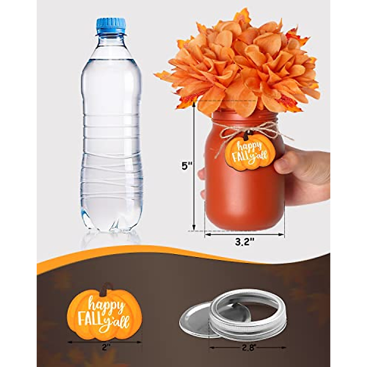 Nefelibata Fall Mason Jar Floral Arrangement Table Centerpiece with Faux Maple Leaves Pumpkins Slices Autumn Farmhouse Decor Tiered Tray Happy Fall Y'all Home Ornaments Set of 3 Orange-White-Brown