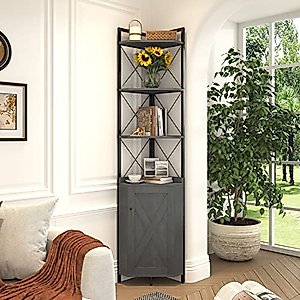 MIERES 5-Tier Standing Corner Shelf with Storage, Tall Ladder Corner Cabinet Bookshelf Bookcase with Door and Shelves, Rustic Display Plant Stand for Living Room, Bedroom, Home Office, Kitchen, Grey