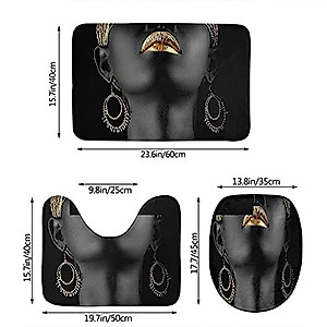 WONDERTIFY African American Woman Bathroom Antiskid Pad Afro Girl 3 Pieces Bathroom Rugs Set, Bath Mat+Contour+Toilet Lid Cover Gold Black