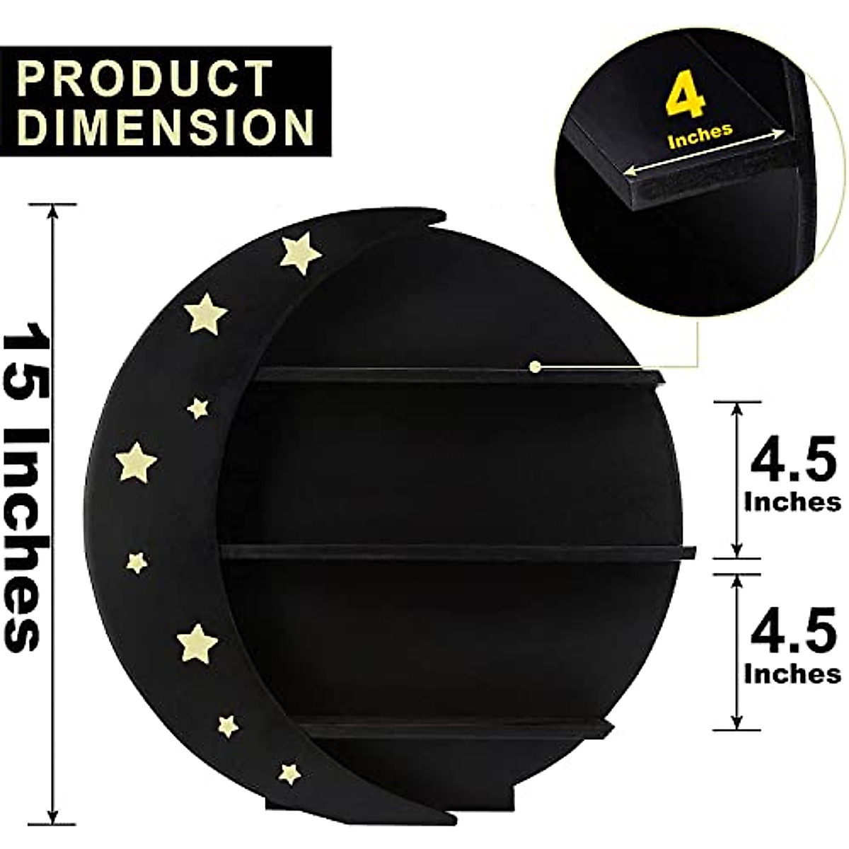 RNOONY Crescent Moon Shelf for Crystals| X Large - Boho Shelves Essential Oil Shelf, Wooden Moon Shelf, Crystal Display Shelf, Moon Decor, Wiccan Decor, (Black)