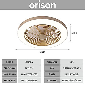Orison Low Profile - 19.7" Smart Bladeless ceiling fans with Light and Remote,3 Colors Dimmable LED 6 Speeds 8 Blades Enclose for Adult Kids Living Room Bedroom